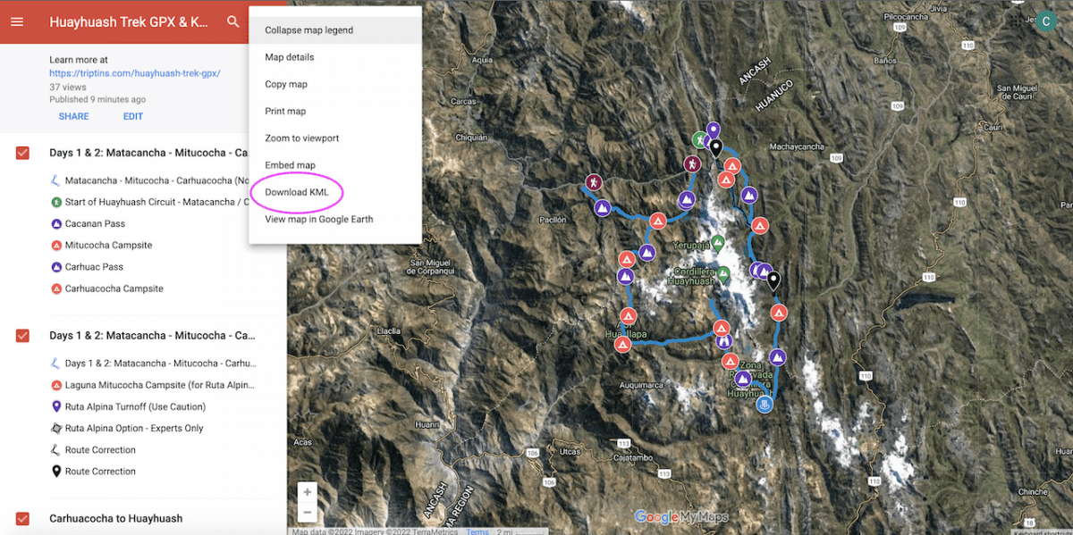 A Huayhuash Trek GPX & KML Map Download Overview | TripTins